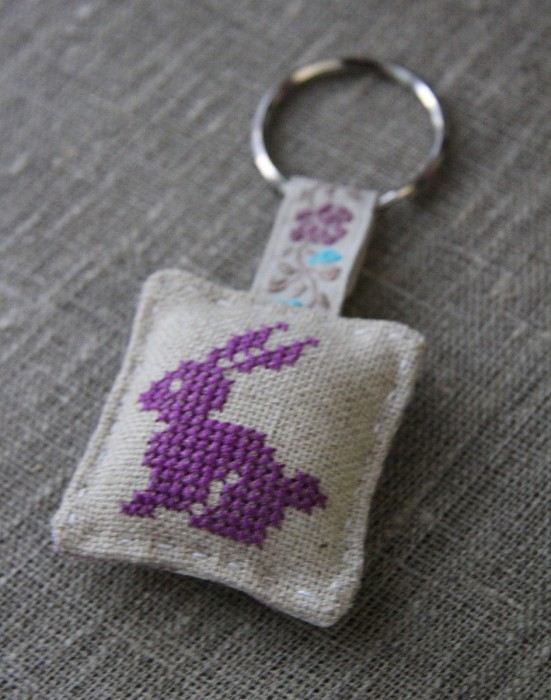 Cross-stitched Linen Key Ring (rabbit In Purple) - Gift, Keychain on Luulla
